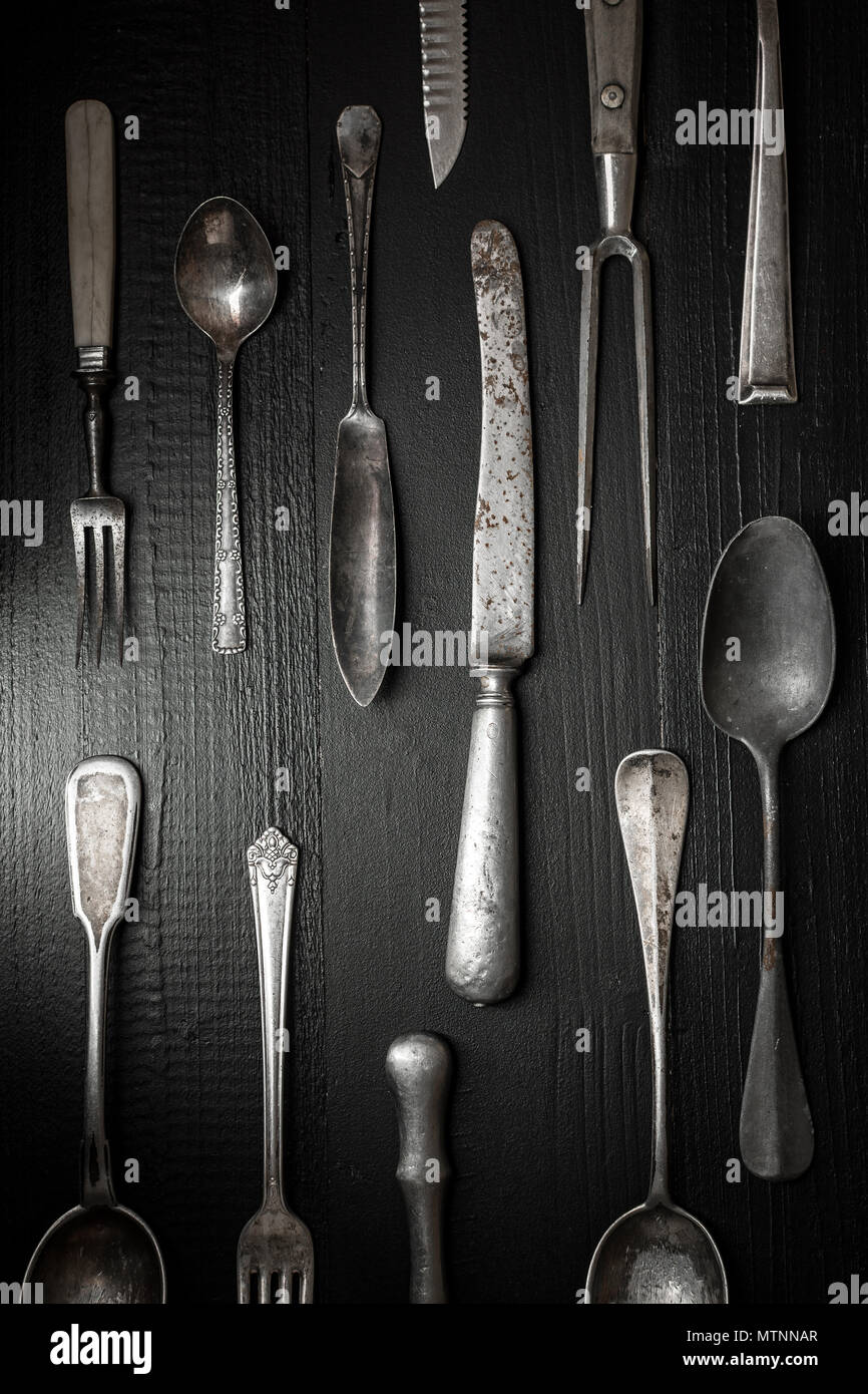 Rustic Silverware on Dark Wooden Background. Kitchen and Restaurant ...