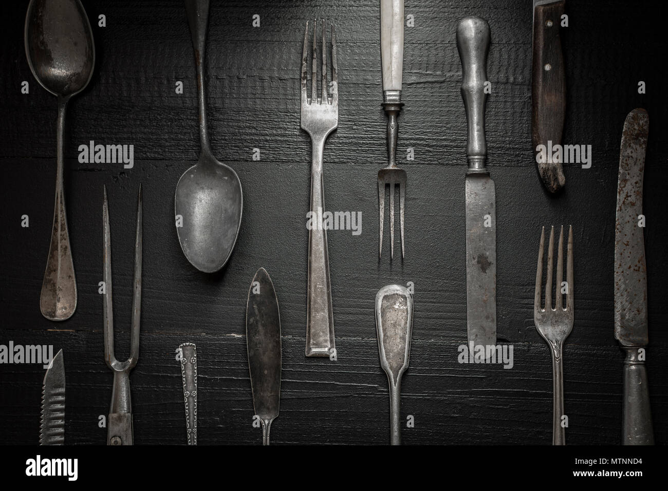 Rustic Silverware on Dark Wooden Background. Kitchen and Restaurant ...