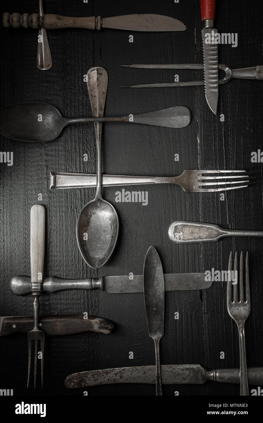 Rustic Silverware on Dark Wooden Background. Kitchen and Restaurant ...