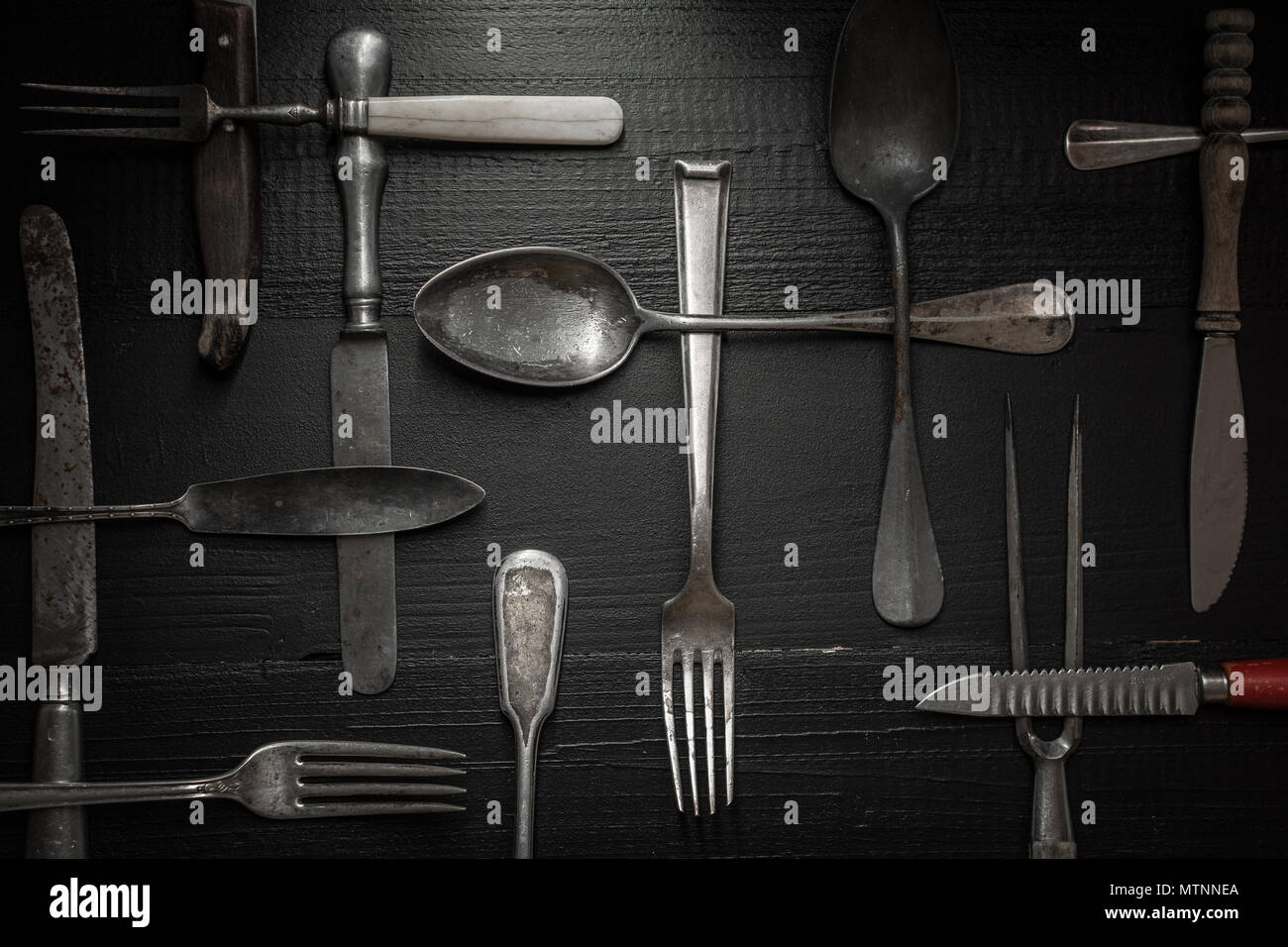 Rustic Silverware on Dark Wooden Background. Kitchen and Restaurant ...