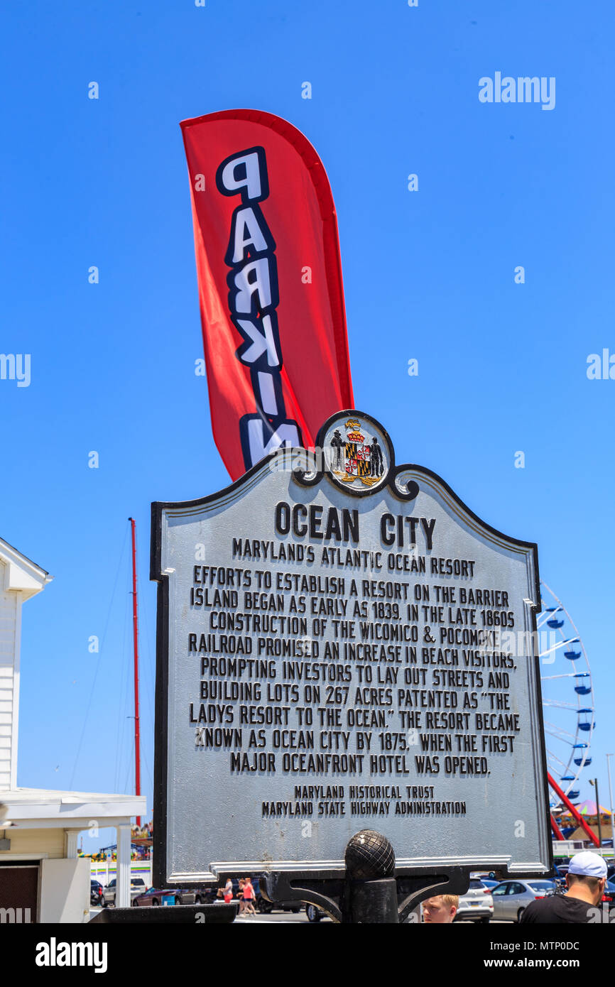 Ocean City, MD, USA - May 26, 2018: A historic marker sign of the Town ...