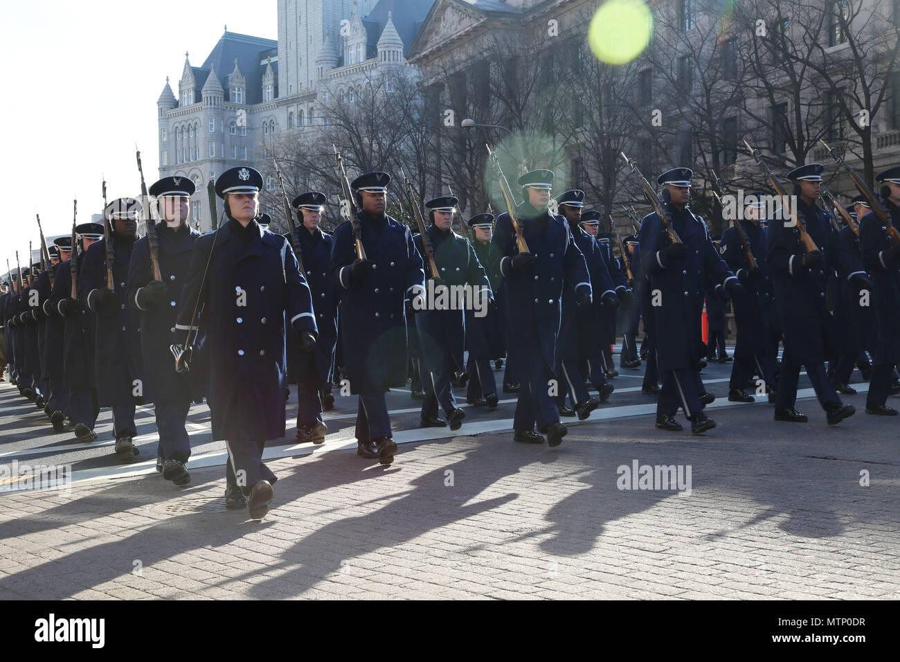 Members of the U.S. Air Force Color Guard march by Freedom Plaza along ...