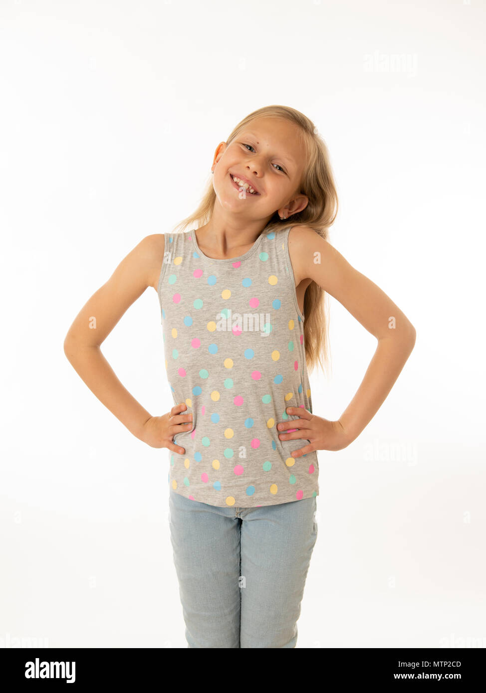 Close up portrait. Cute happy, shy, successful, little girl smiling at ...