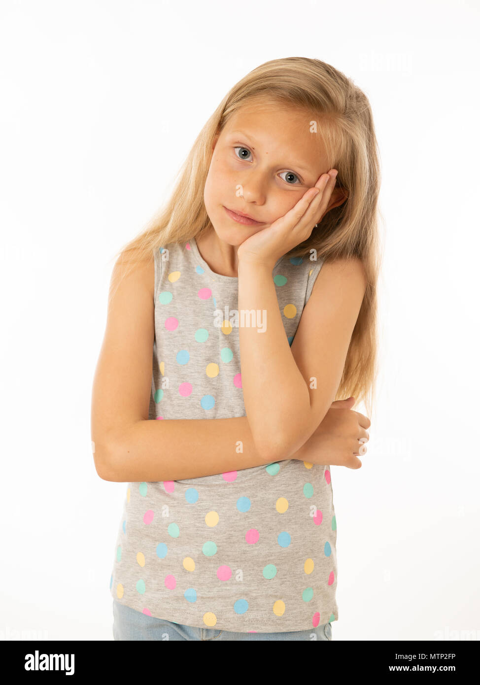 Portrait of a pretty bored, depressed, alone, tired, disappointed child ...