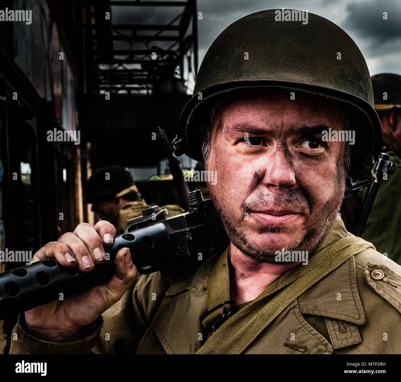 Portrait of an American GI soldier from World War Two with a machine ...