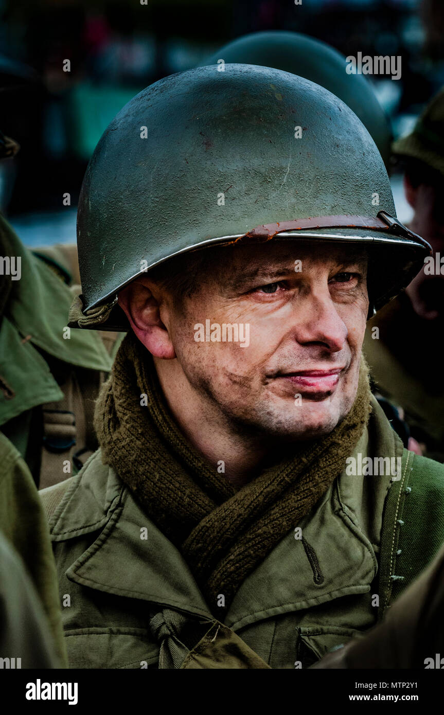 Portrait of an American GI soldier from World War Two with a dirty face ...