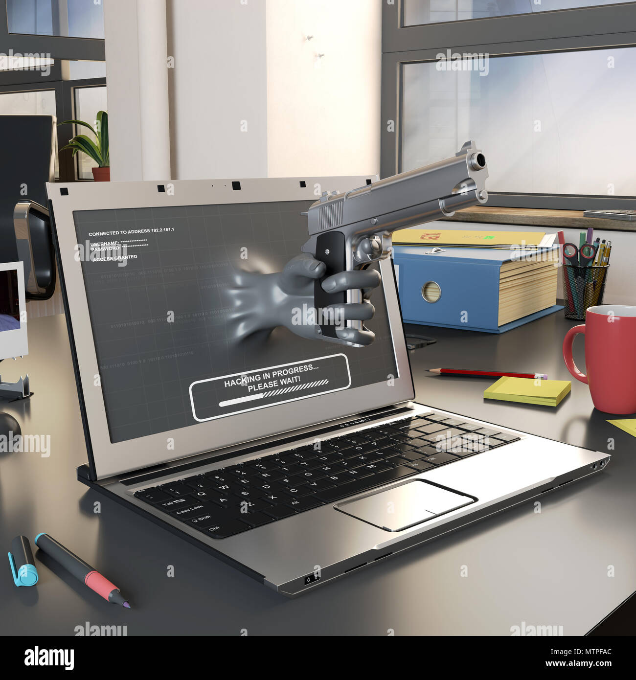 hand with gun popping out from a computer screen in an office Stock ...