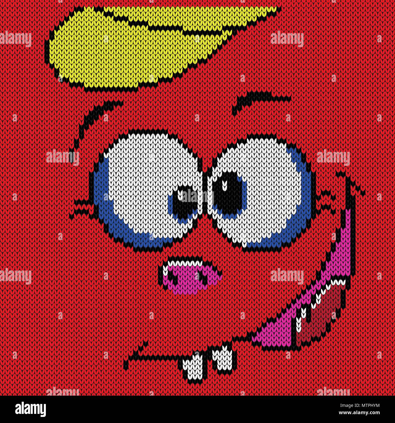 Amusing and weird smiley in cap on the red background, knitting vector ...
