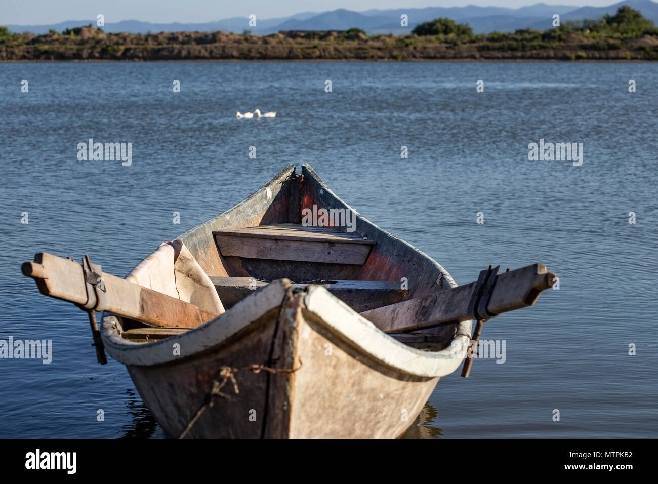 Old fishing boat and some geese in background in Romania - East Europe ...