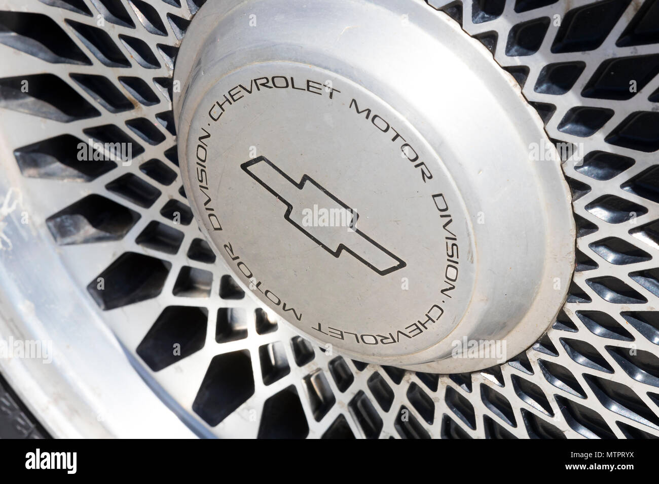 KHARKIV, UKRAINE - 27 MAY, 2018: The emblem of the car is a retro old ...