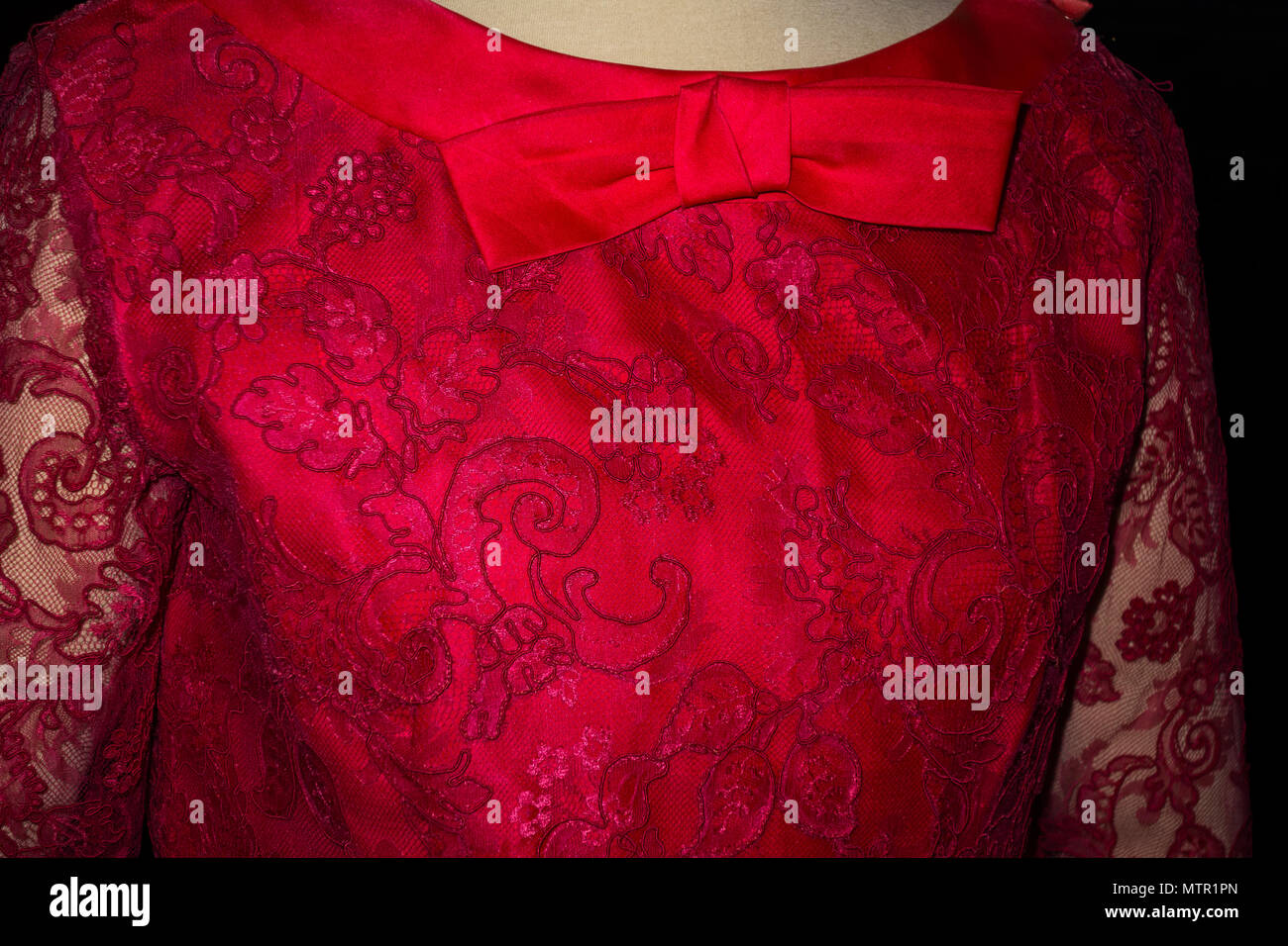 Red satin and lace evening dress by Jean Patou (c1960) at Calais Lace ...