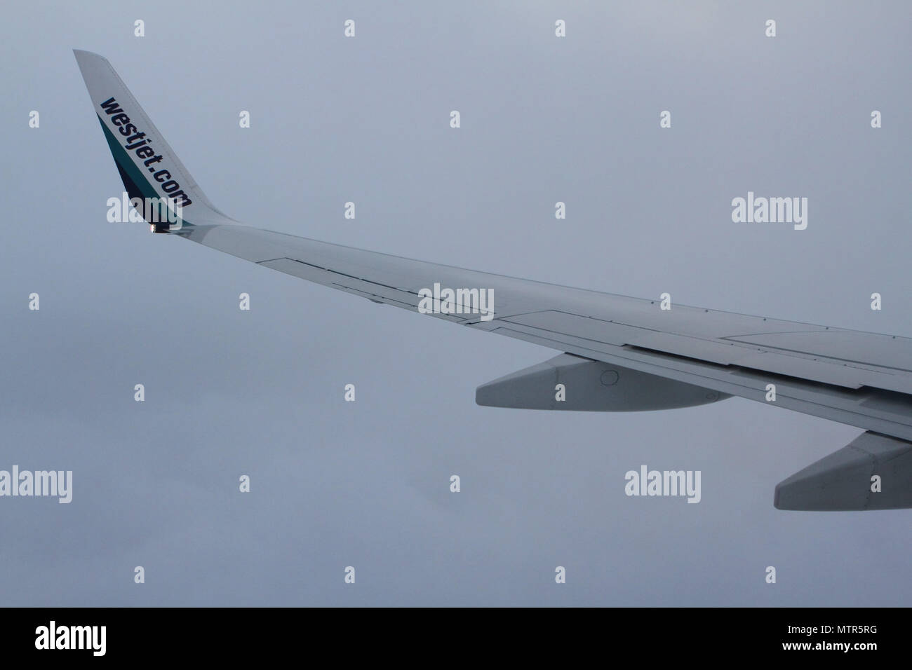 Westjet airplane wing photo taken from a passenger window Stock Photo ...