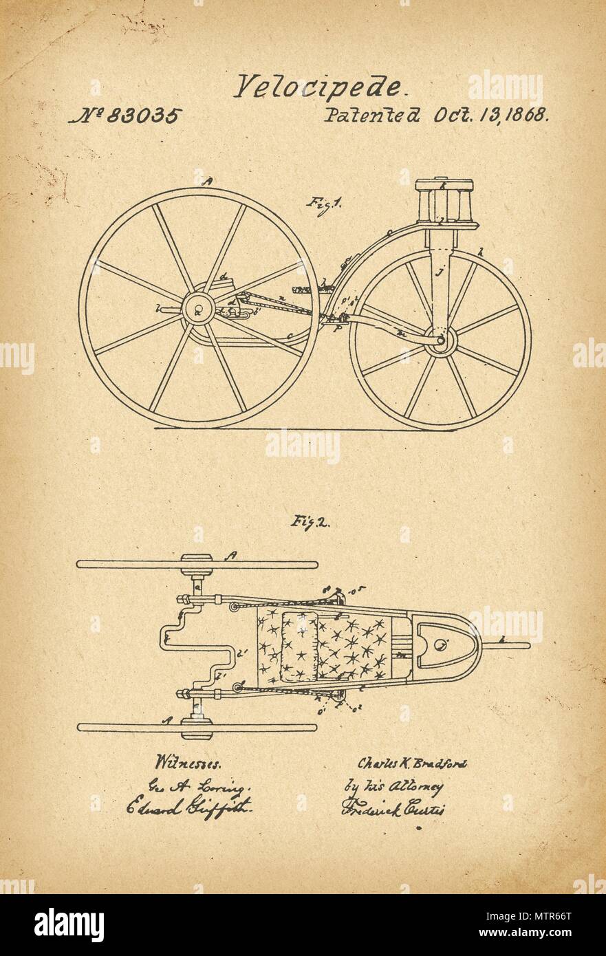1868 Patent Velocipede Bicycle history invention Stock Photo - Alamy