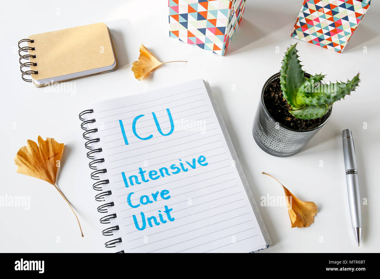 ICU Intensive care unit written in a notebook on white table Stock ...