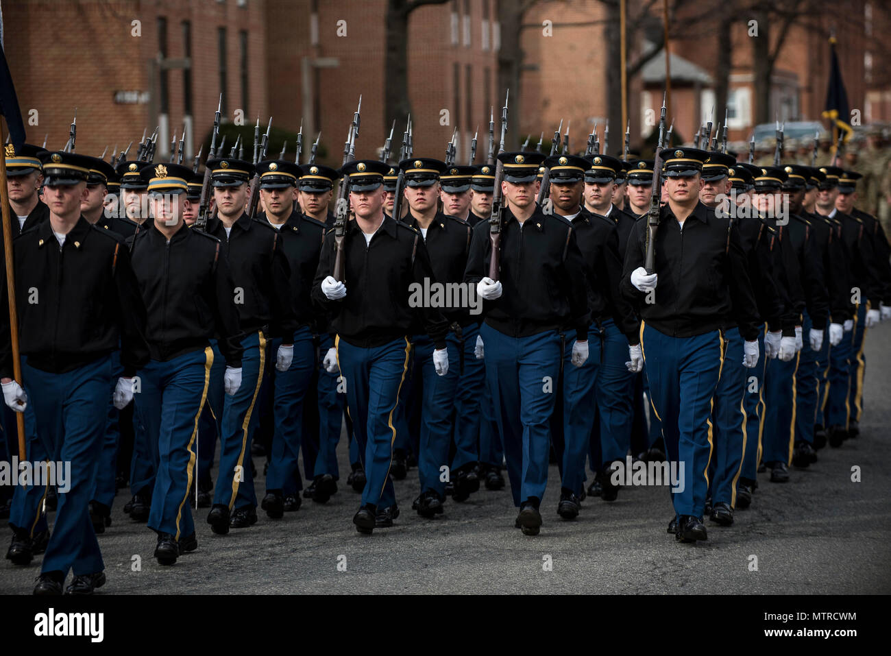 Soldiers from the 3rd U.S. Infantry Regiment (The Old Guard) march in a ...