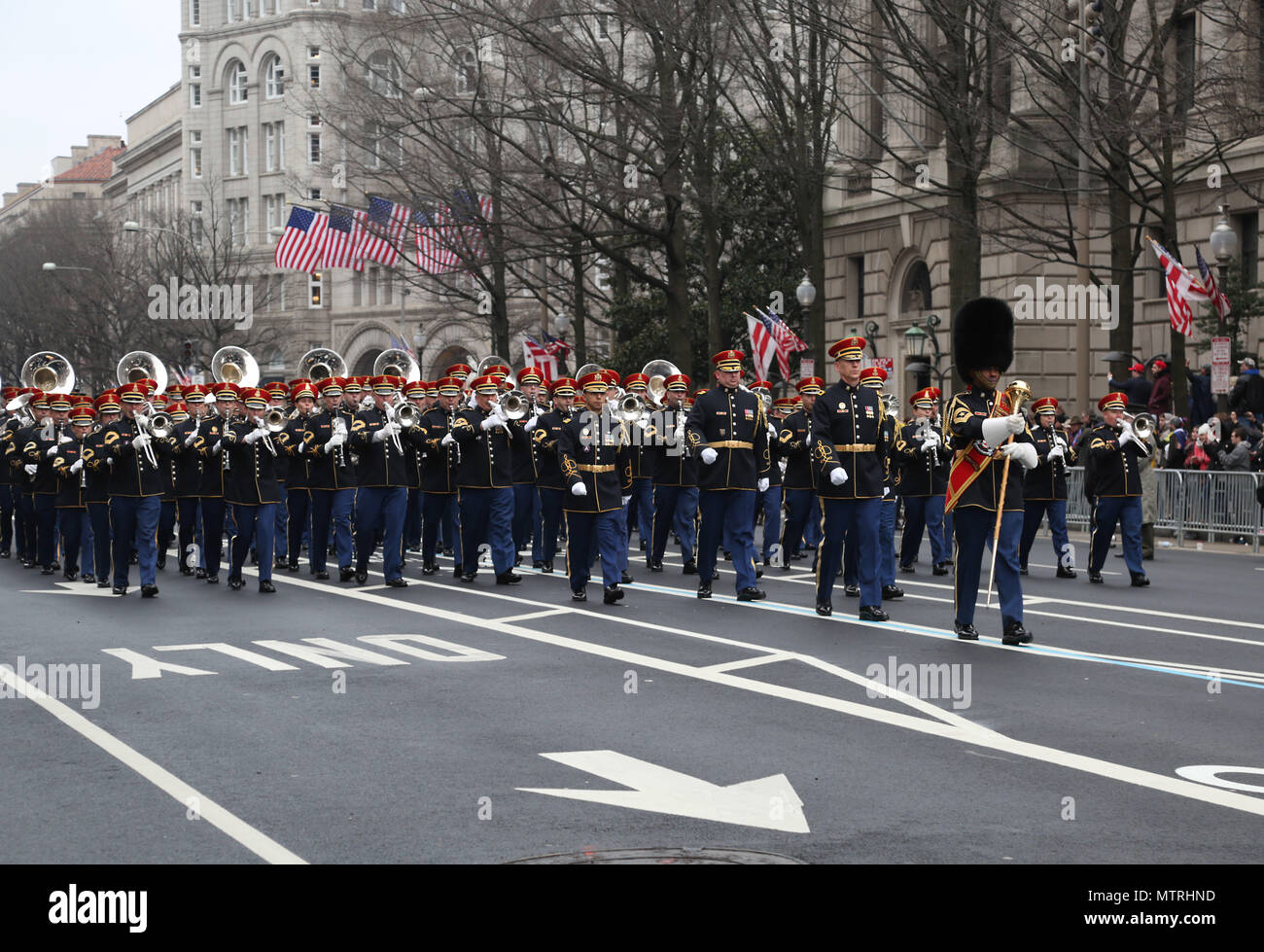 Members of the U.S. Army Band "Pershing's Own" march by Freedom Plaza ...