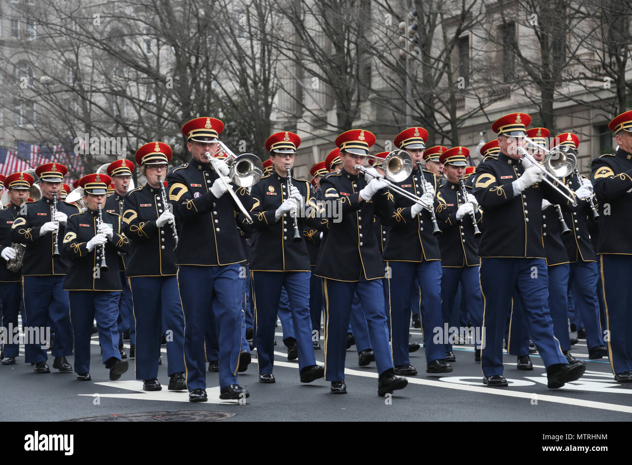Members of the U.S. Army Band "Pershing's Own" march by Freedom Plaza ...