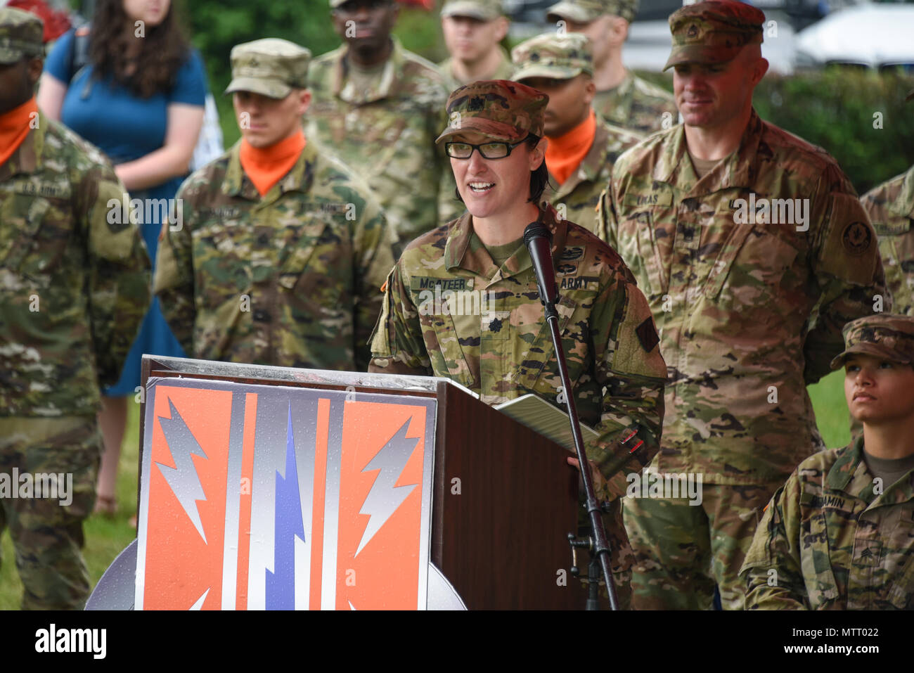 U.S. Army Lt. Col. Heather McAteer, center, speaks to the audience ...
