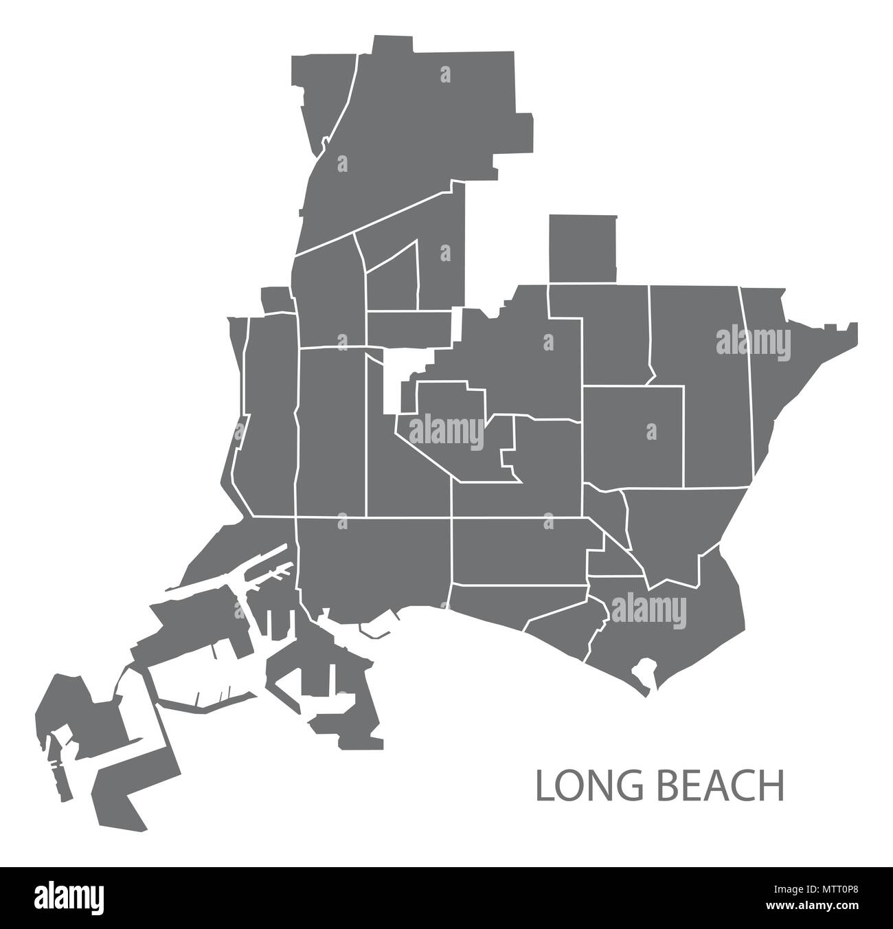 Long Beach California city map with neighborhoods grey illustration ...