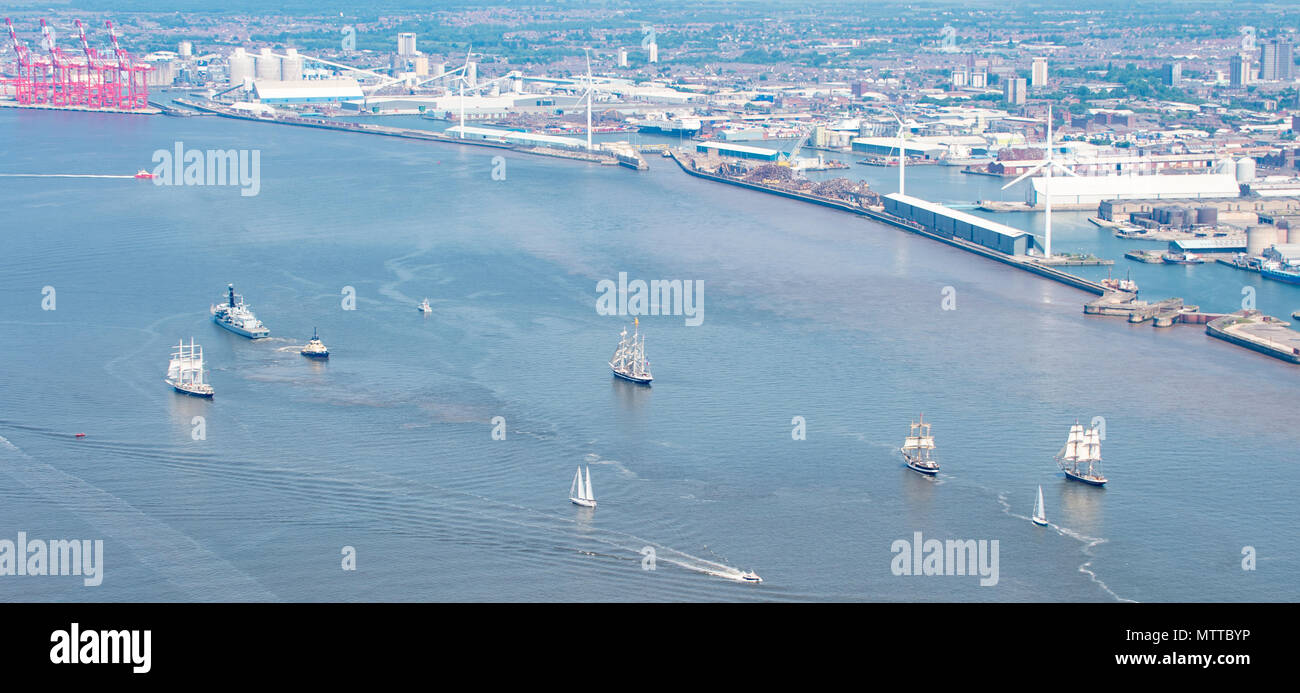 Aerial photo of tall ships leaving Liverpool on River Mersey Stock ...