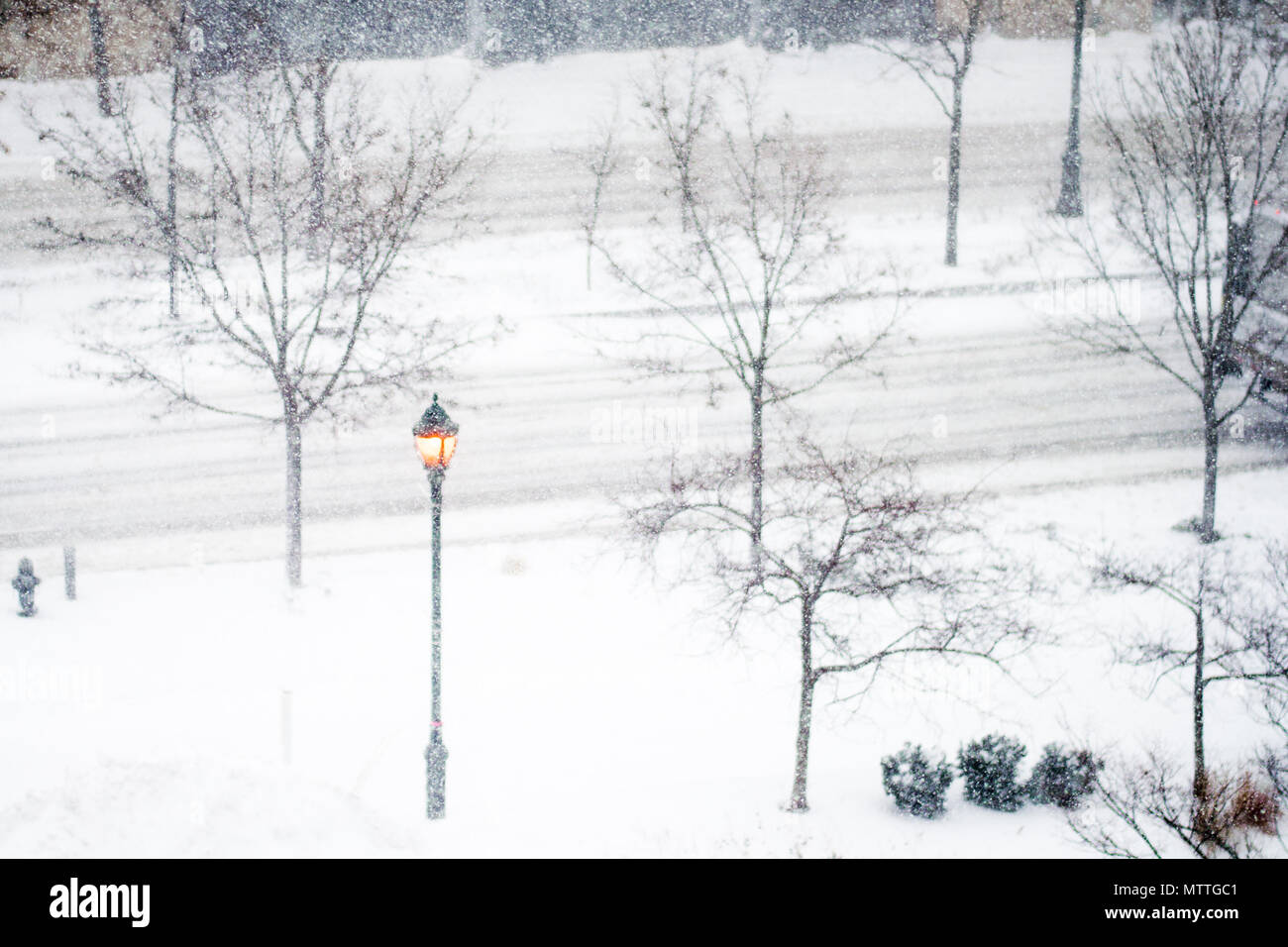 Light pole illuminated during a snow storm in New York City Stock Photo ...