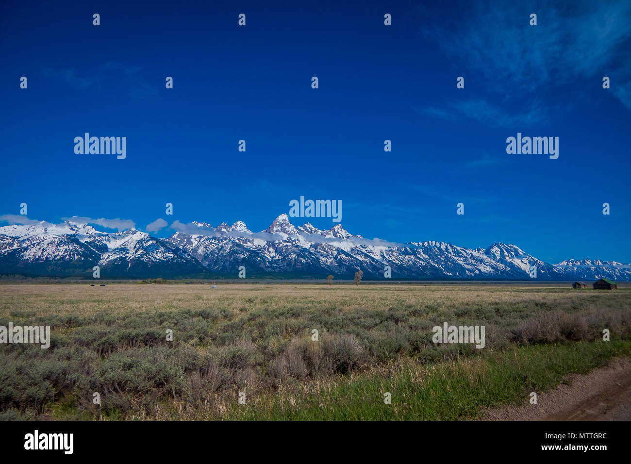 Beautiful landscape of the Grand Tetons range and peaks located inside ...