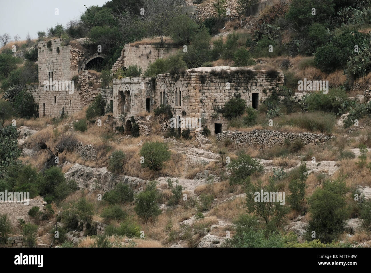 View of abandoned houses in the depopulated Palestinian village of ...
