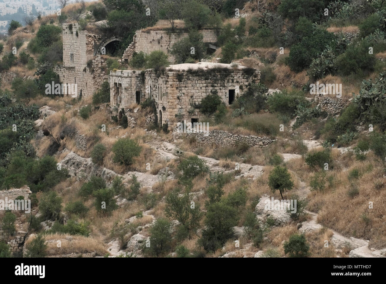 View of abandoned houses in the depopulated Palestinian village of ...