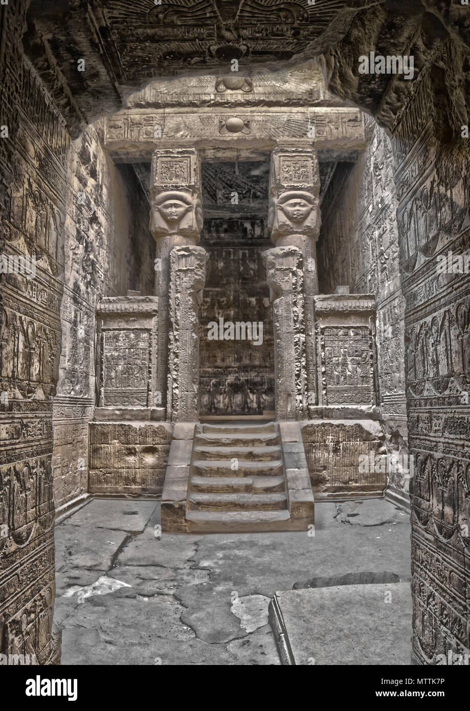 Ancient Egyptian fertility goddess Hathor sculptures on the pillars in ...