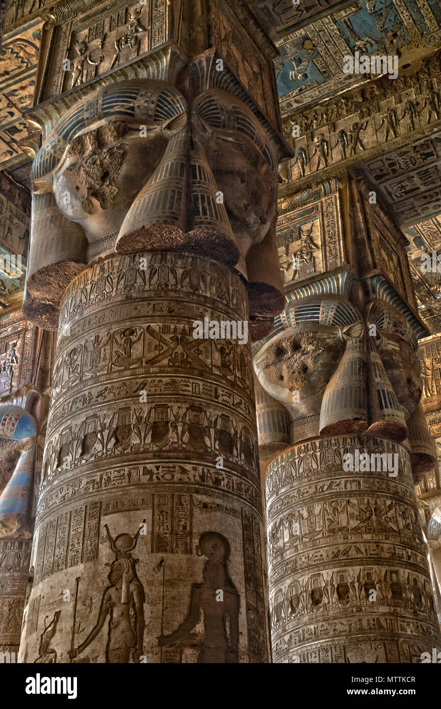 Interior of the painted and carved hypostyle hall at Dendera Temple ...