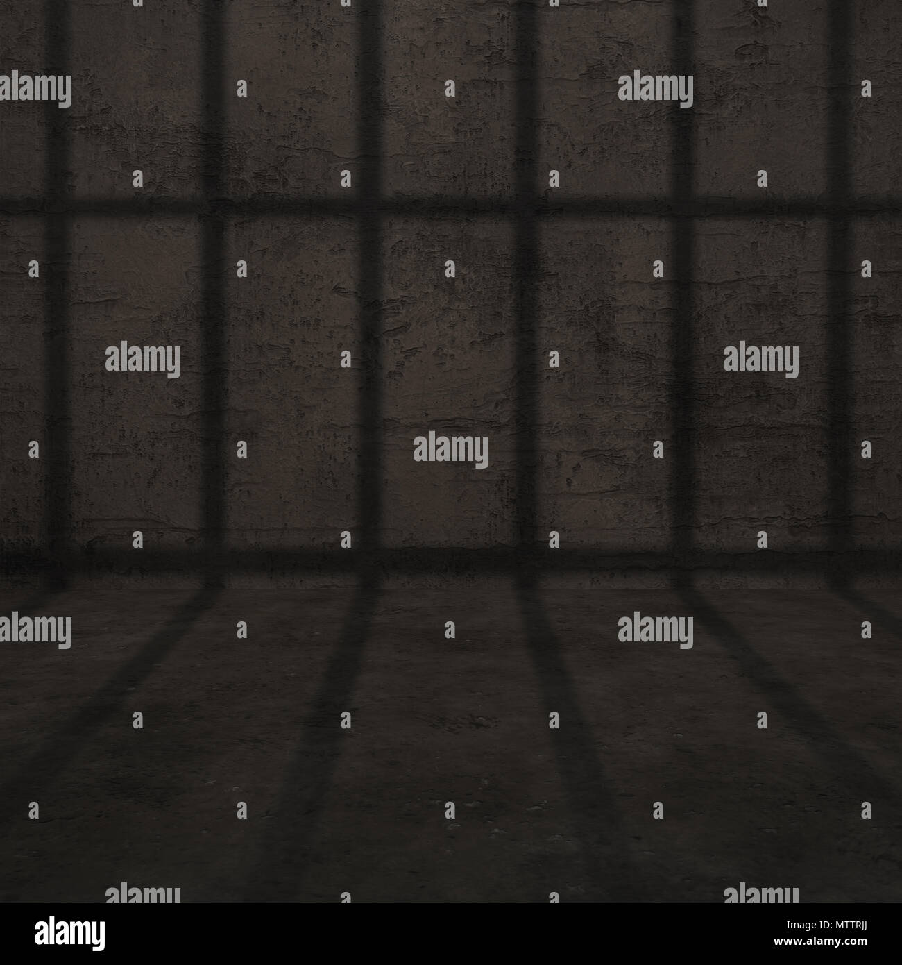 Shadow of prison bars cast along a concrete cell to the worn and ...
