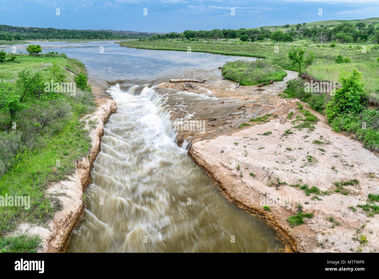 Norden Chute on Niobrara River in Nebraska, aerial view in springtime ...