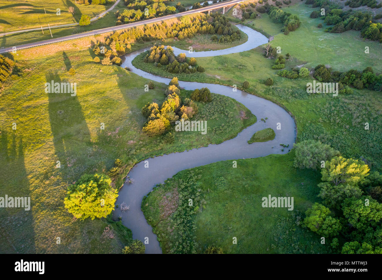 aerial view the Dismal River in Nebraska Sandhills near Thedford ...