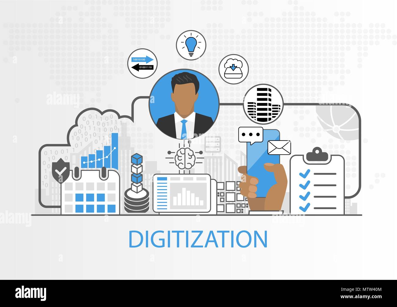 Vector background of businessman and icons for digitization concept ...