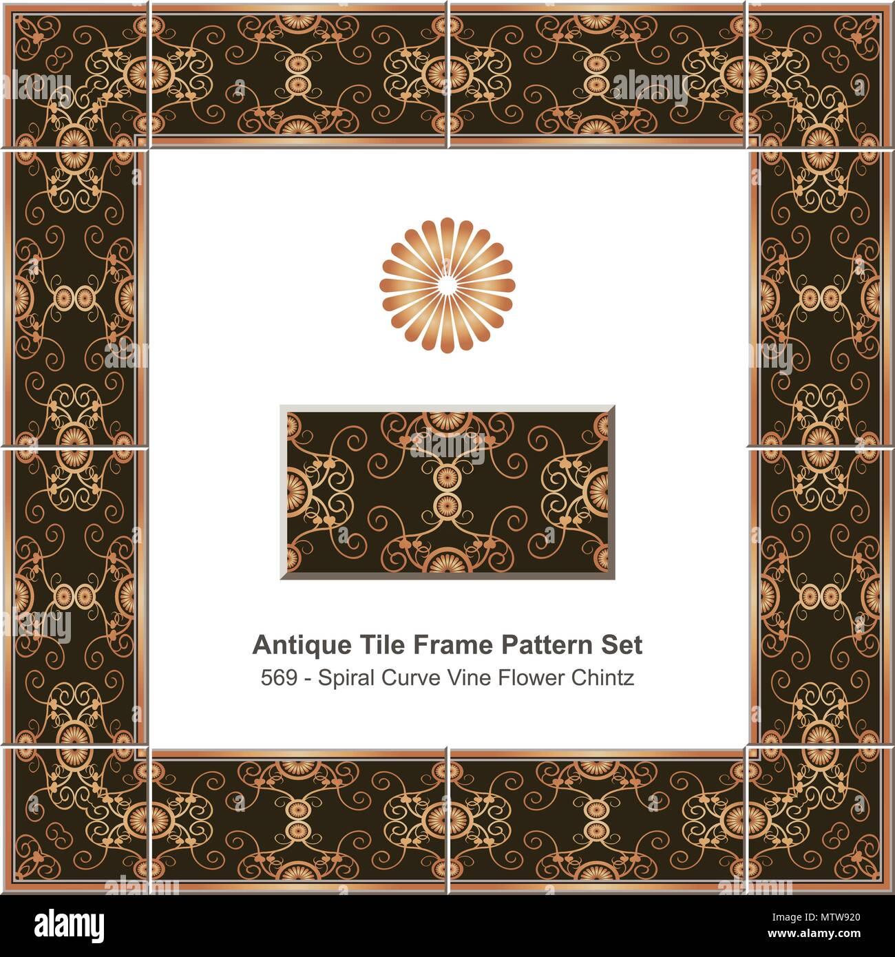 Antique tile frame pattern set vintage botanic spiral vortex curve vine ...