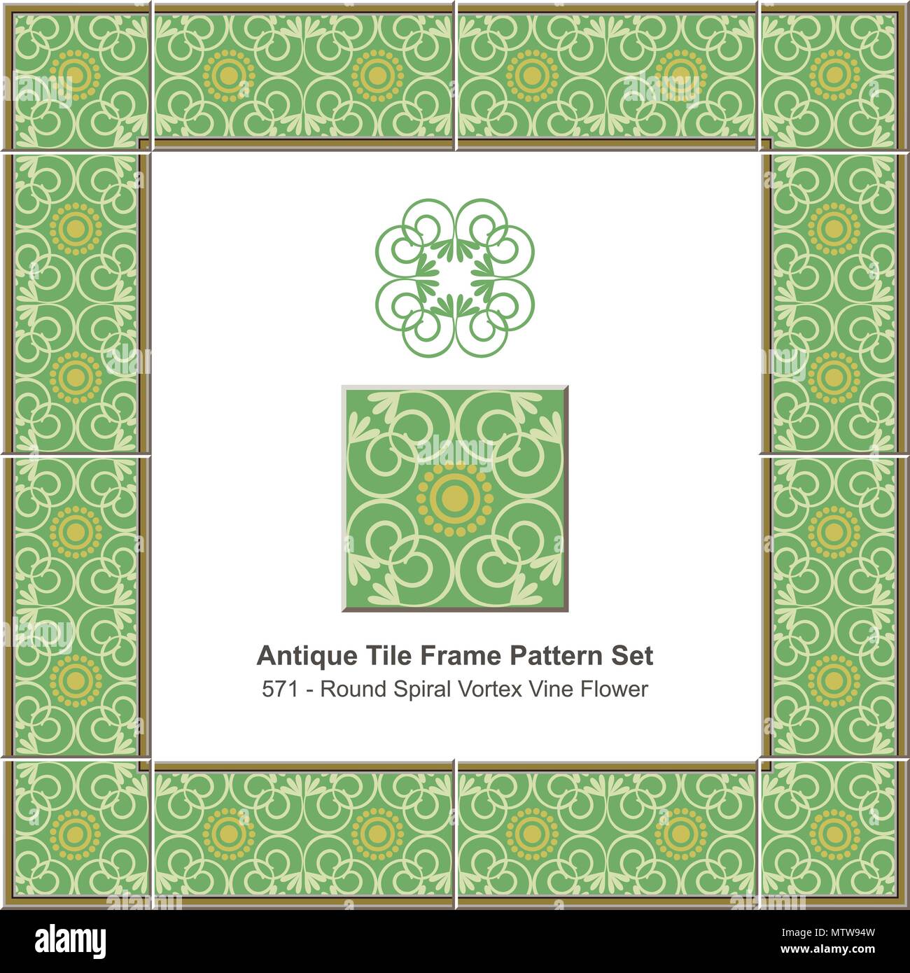 Antique tile frame pattern set green round curve spiral cross vine ...