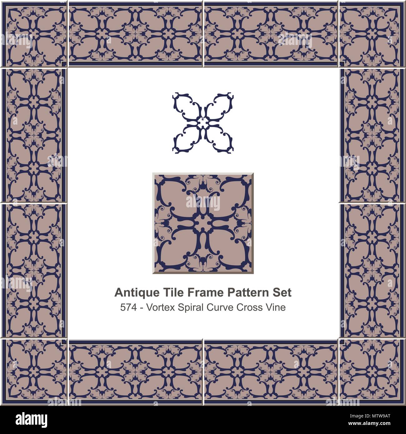 Antique tile frame pattern set vortex spiral curve cross vine, ceramic ...
