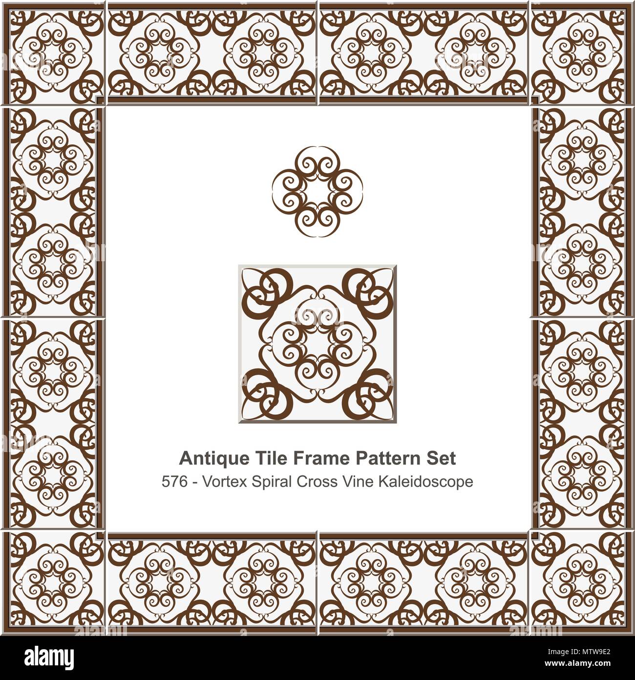 Antique tile frame pattern set brown vortex spiral curve cross vine ...