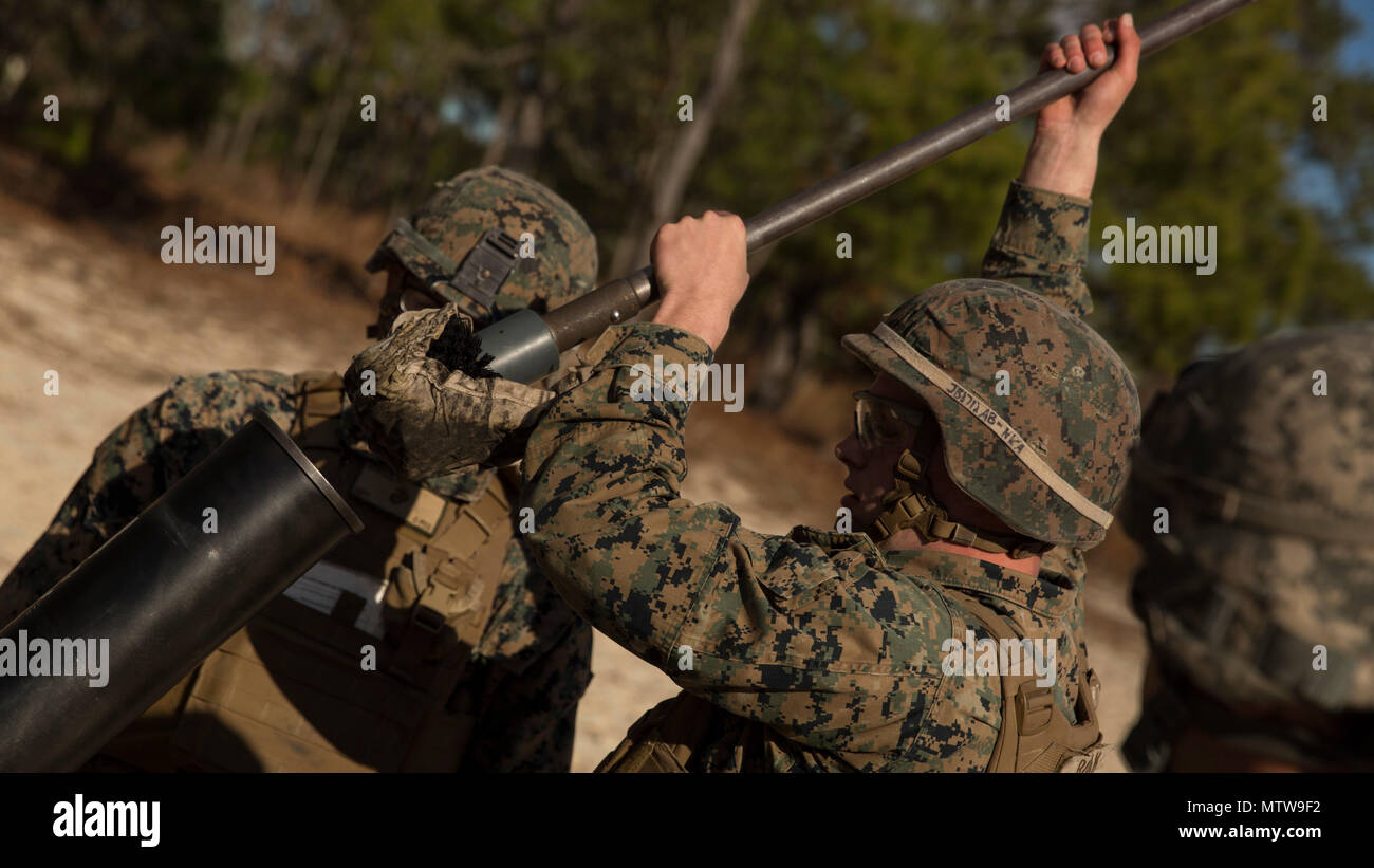 A Marine with Task Force Southwest cleans an M121 A1 120mm mortar in ...