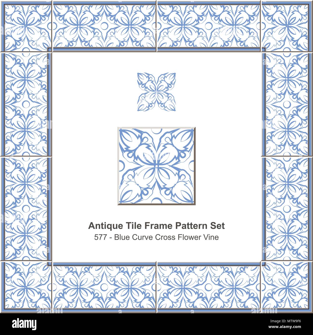 Antique tile frame pattern set blue round curve cross flower vine ...