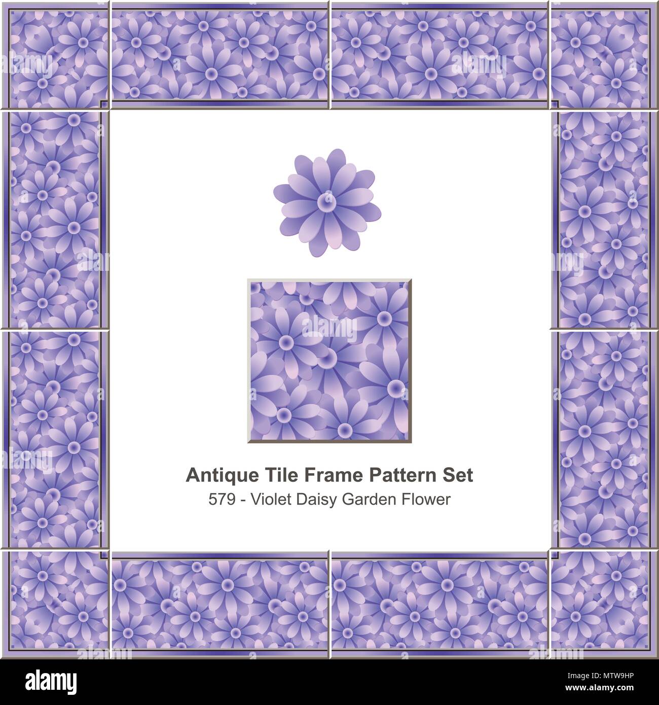 Antique tile frame pattern set violet purple daisy garden flower ...
