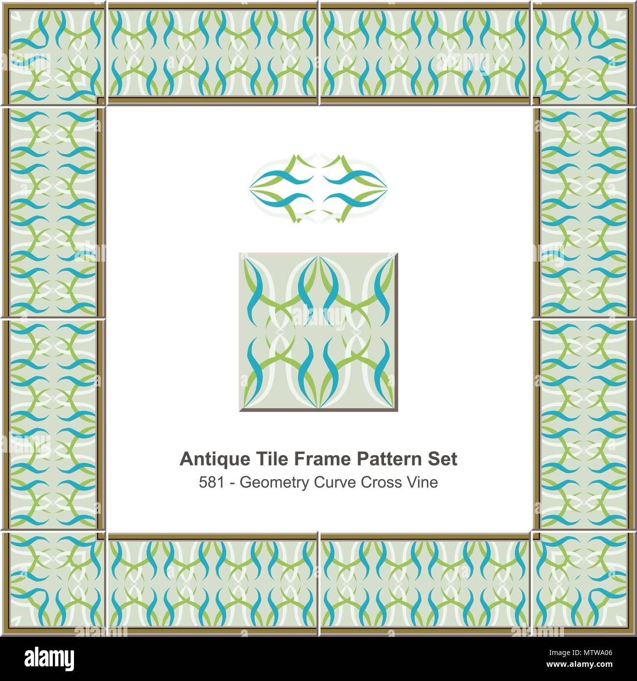 Antique tile frame pattern set geometry curve cross vine, ceramic ...