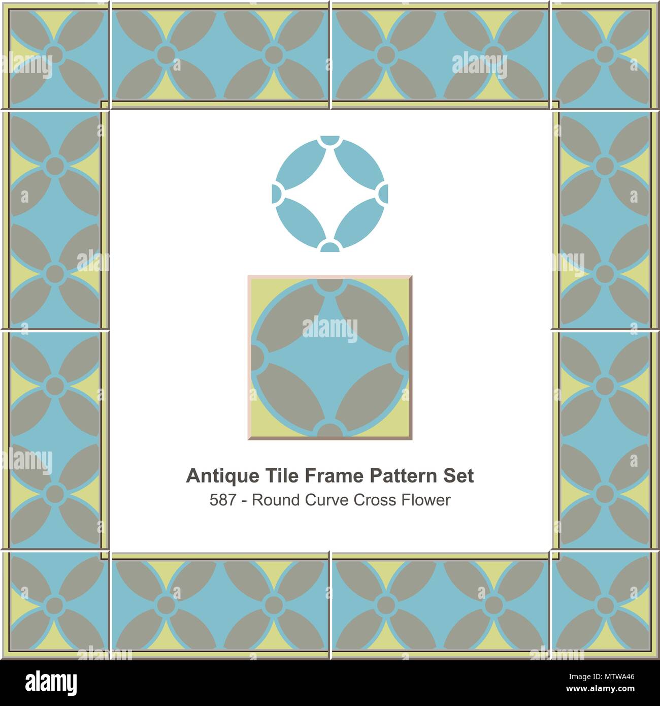 Antique tile frame pattern set geometry round cross flower, ceramic ...