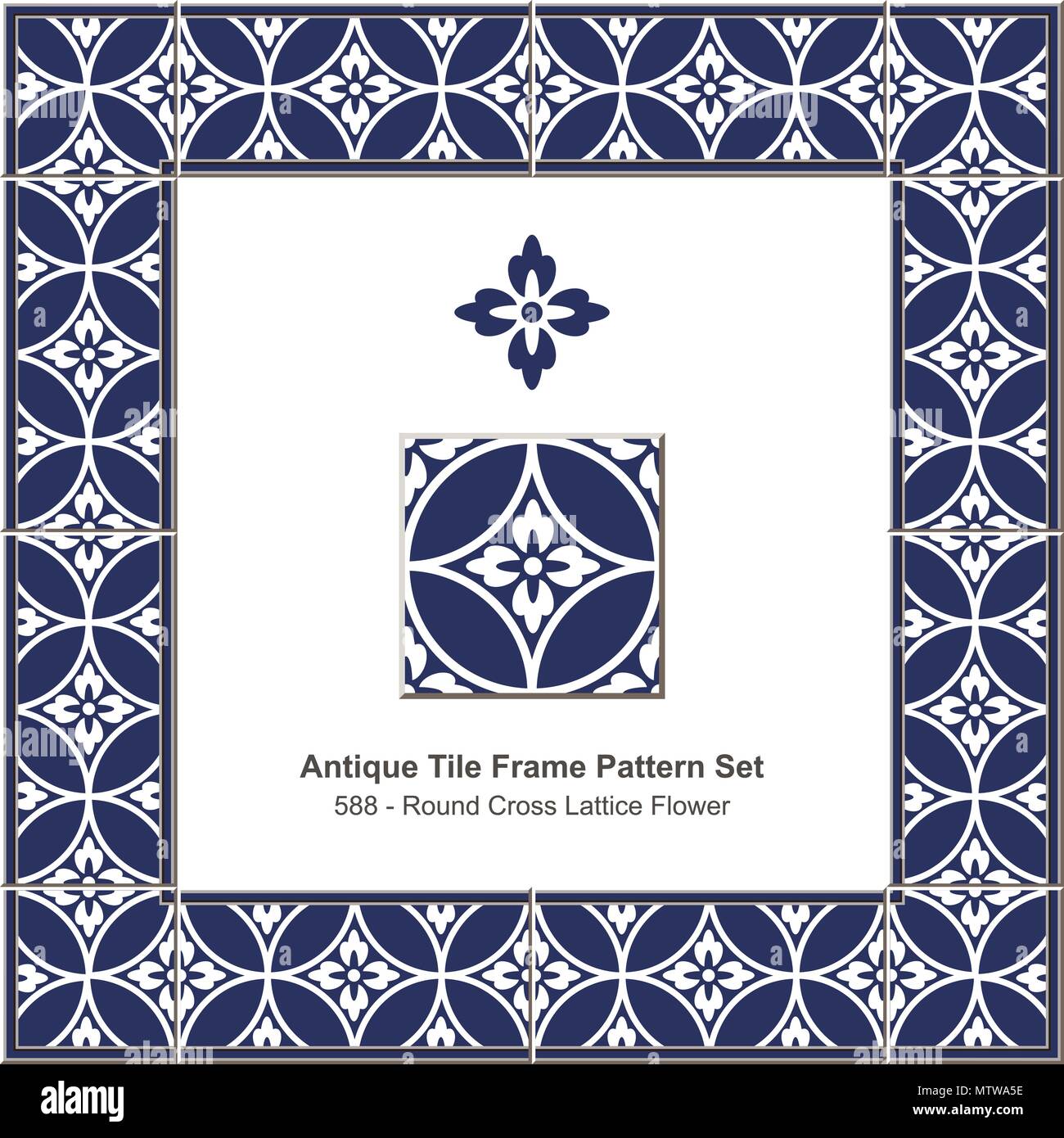 Antique tile frame pattern set blue round cross lattice flower, ceramic ...