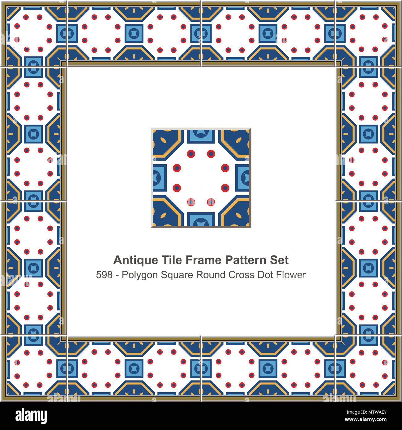 Antique tile frame pattern set polygon square round cross dot flower ...