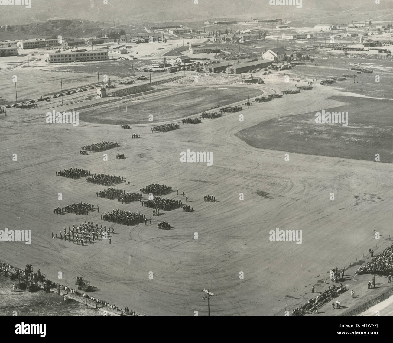 Aerial view of the annual Dress Blues Parade and Review; units from the ...
