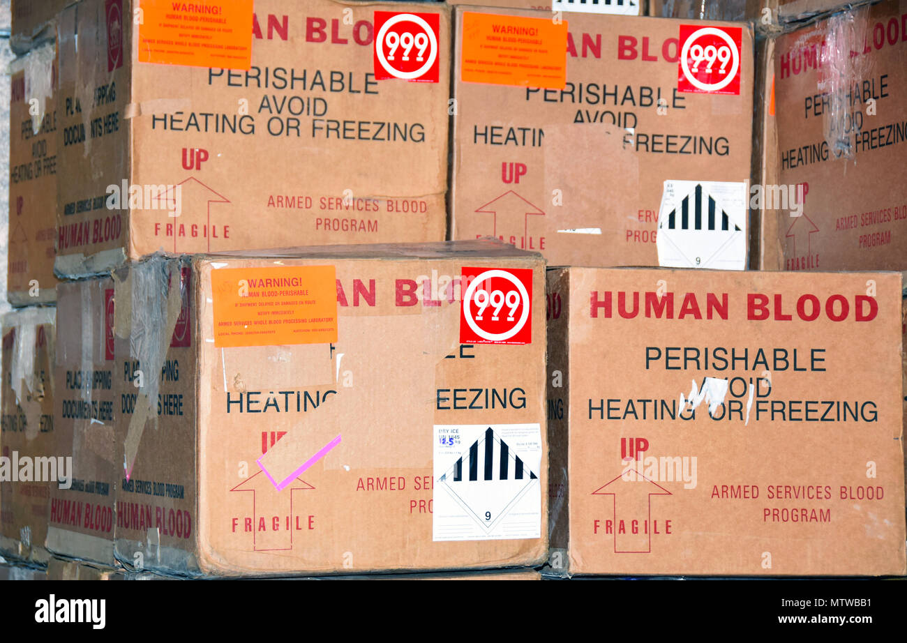 Blood shipping containers wait as Airmen with the 379th Expeditionary ...