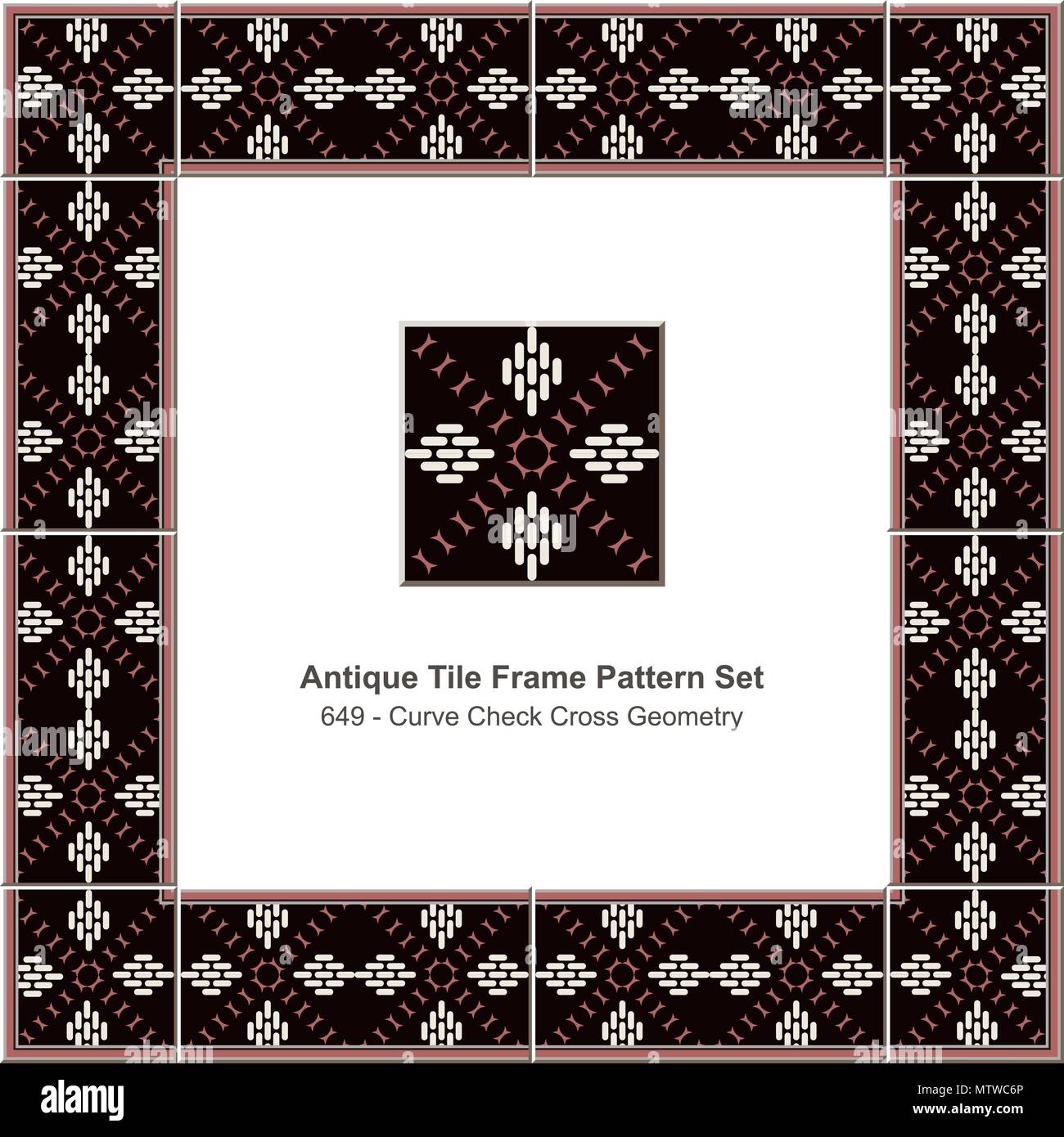 Antique tile frame pattern set curve check cross geometry, ceramic ...