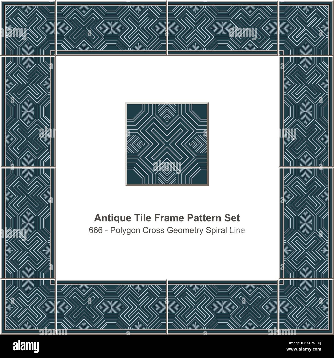 Antique tile frame pattern set polygon cross geometry spiral line ...
