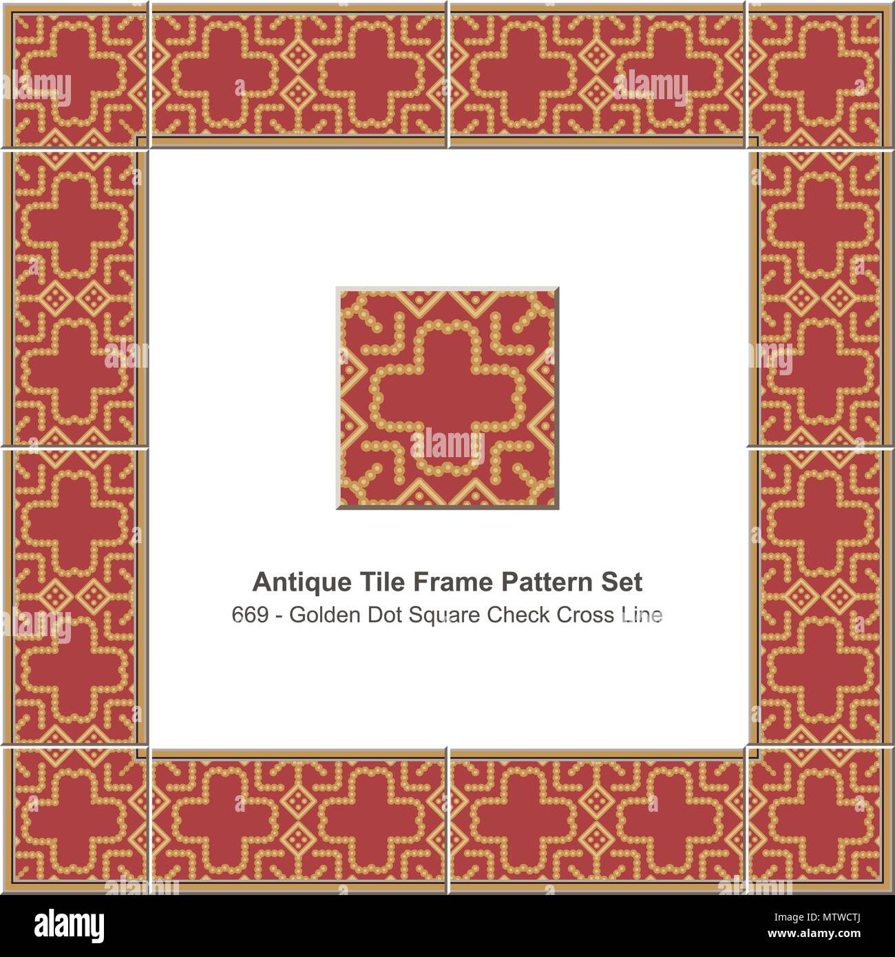Antique tile frame pattern set golden check square cross dot line, ceramic decoration template ...